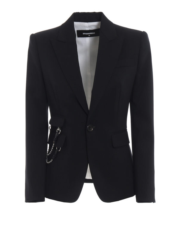 Blazers Dsquared2 - Black virgin wool blazer with chain detail ...