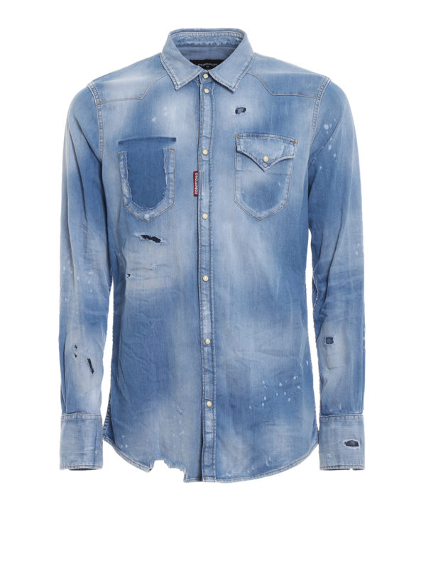 Shirts Dsquared2 - Cotton denim destroyed effect shirt - S74DM0225S30341470