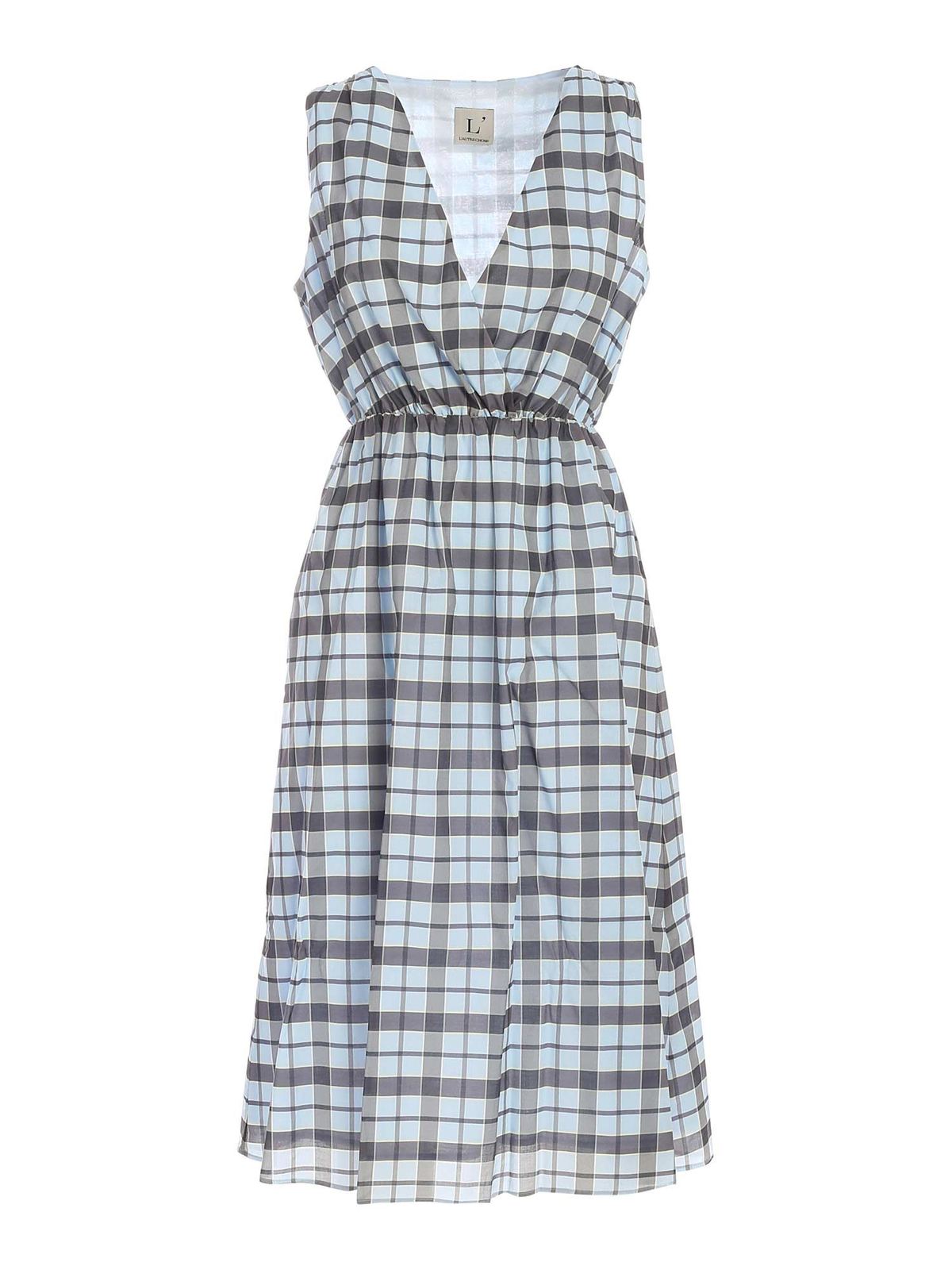 L' Autre Chose Crossover neckline checked dress in light blu ...