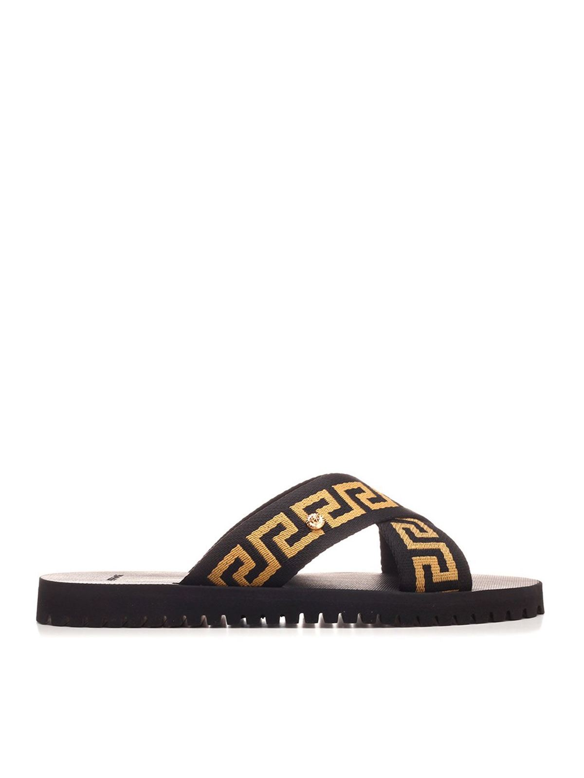 Versace Greca flat sandal in black - Black | DSU8569DNS9CD4DOV