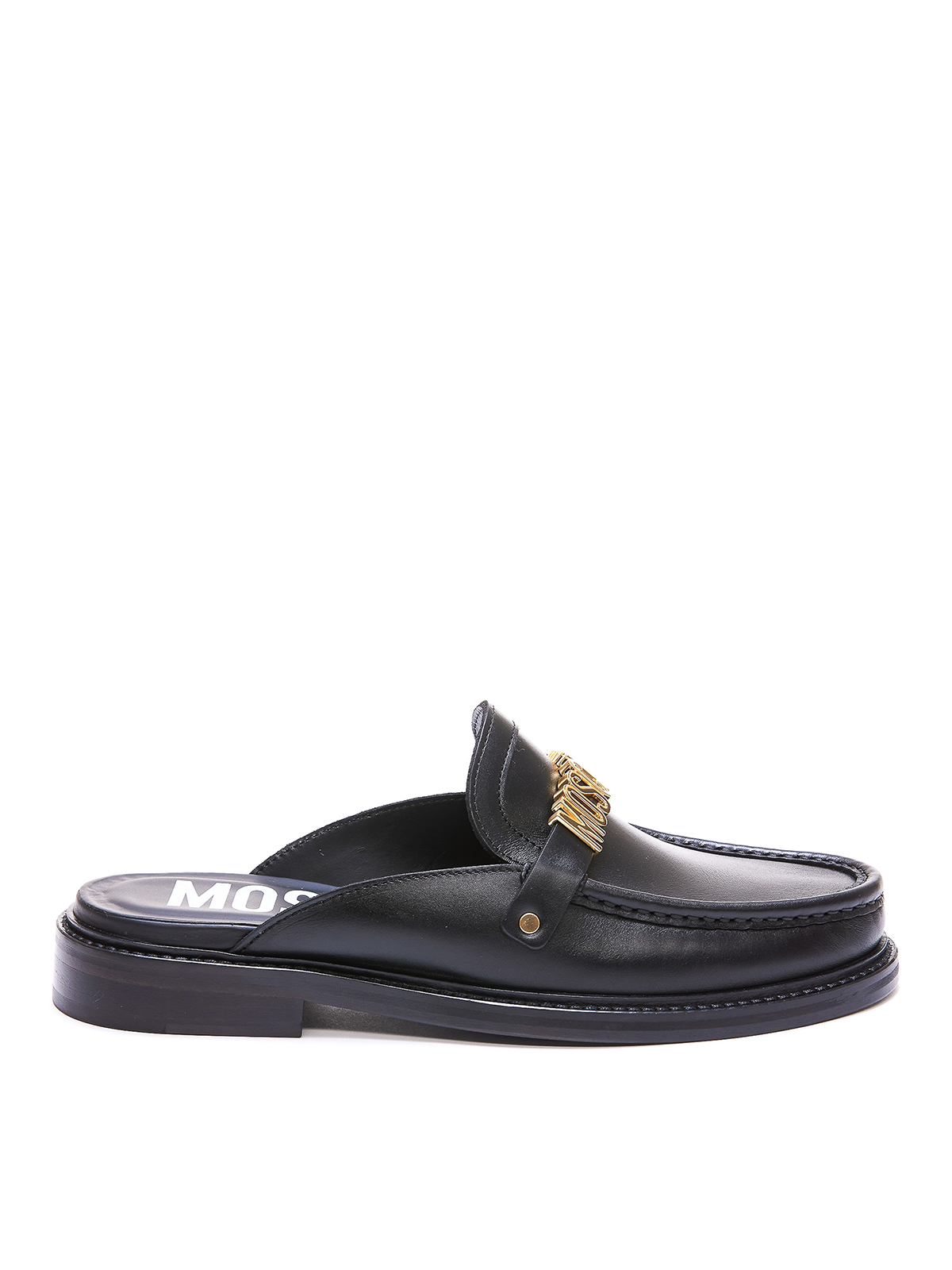 Mules shoes Moschino - Metal logo lettering leather mules ...