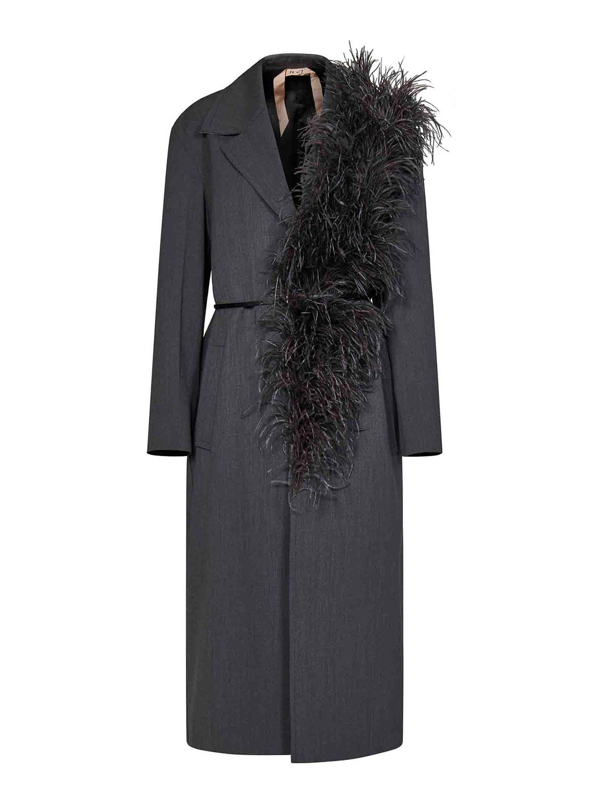 N°21 Smoky Gray Ostrich Feather Midi Coat - Grey | N07130478737