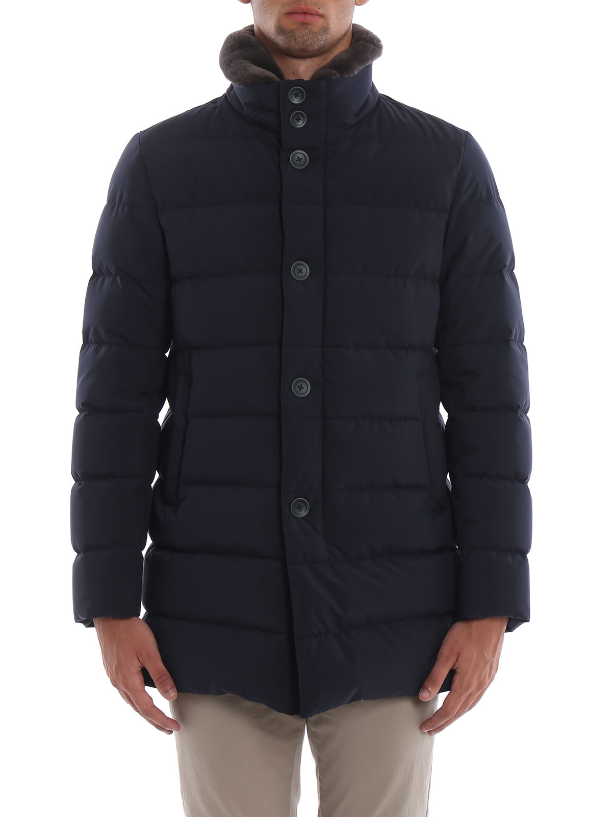 Herno Beaver collar techno fabric blue puffer coat | PI024UR120159200