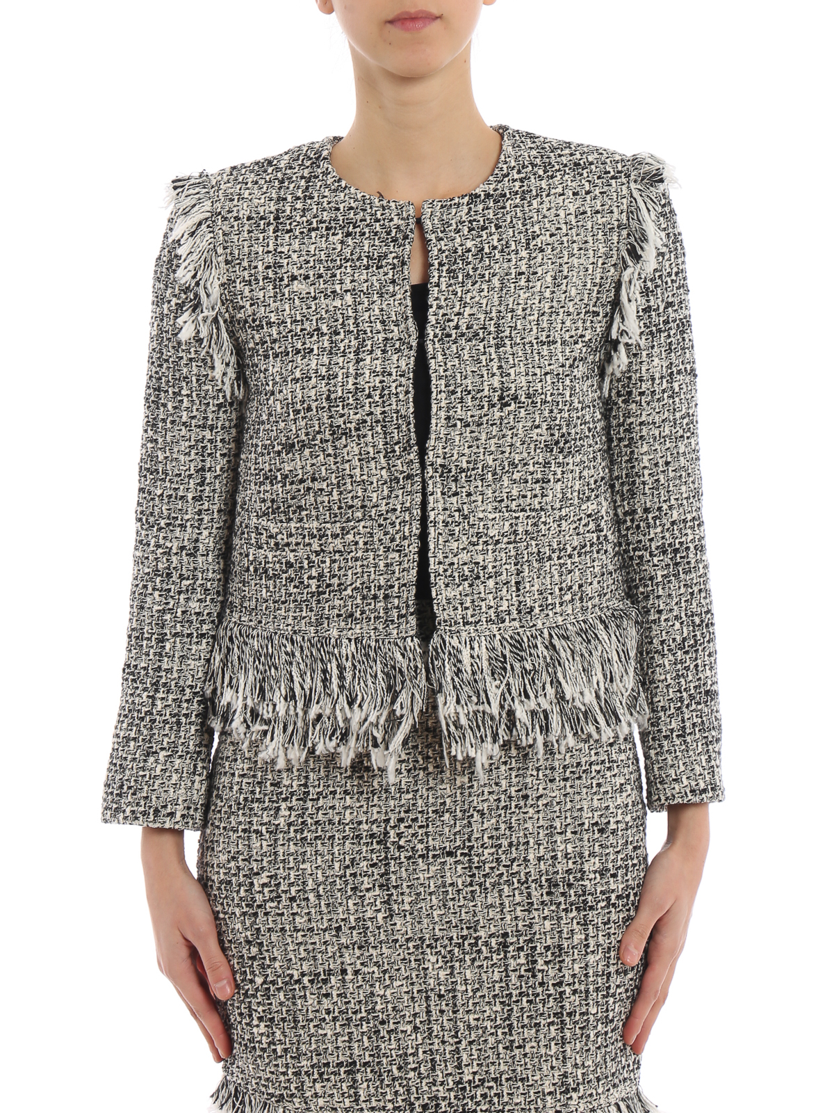 Twinset Fringed tweed collarless jacket - Black | 191TP25233556